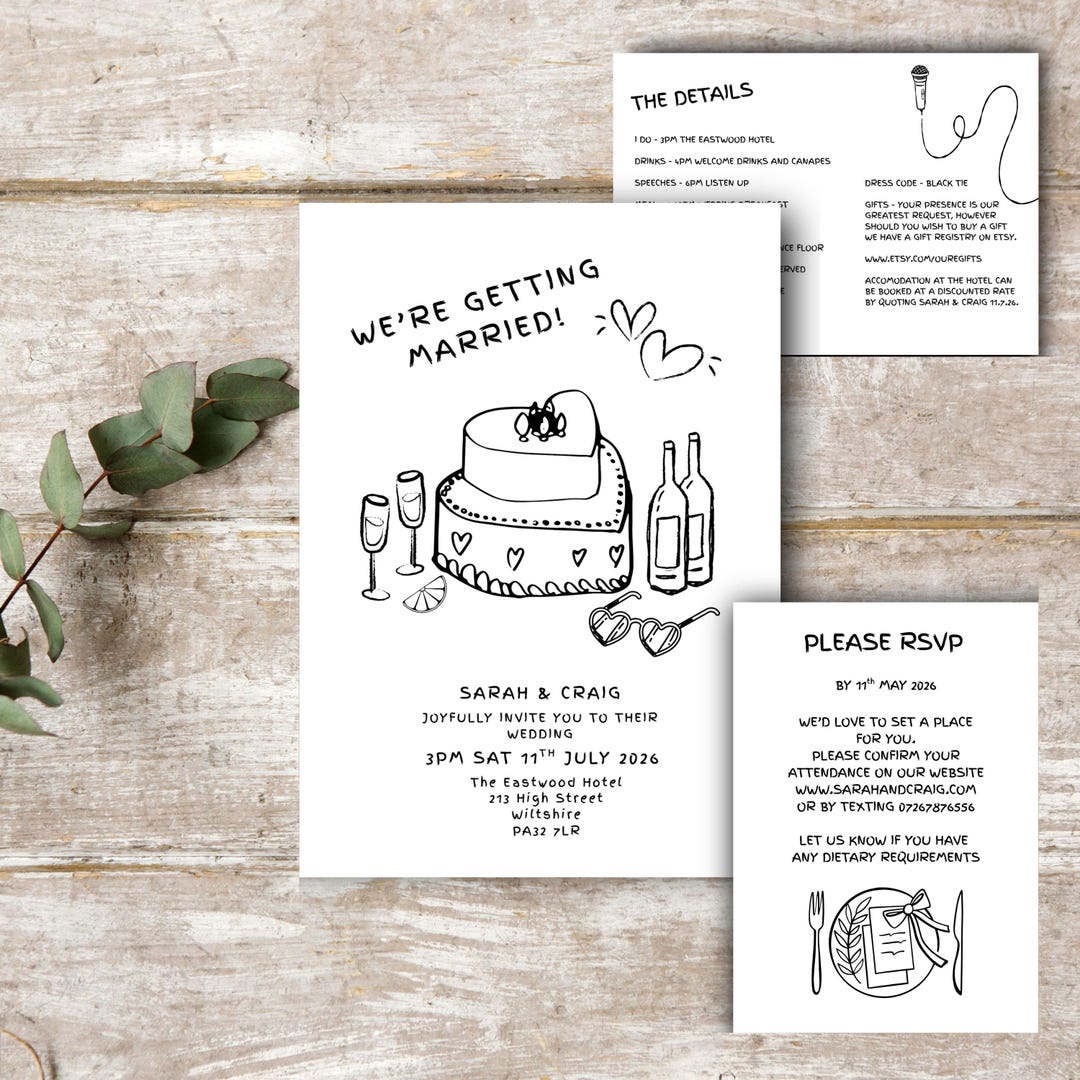 Hand Drawn Wedding Invitation Template Doodle Scribble Illustrations ...