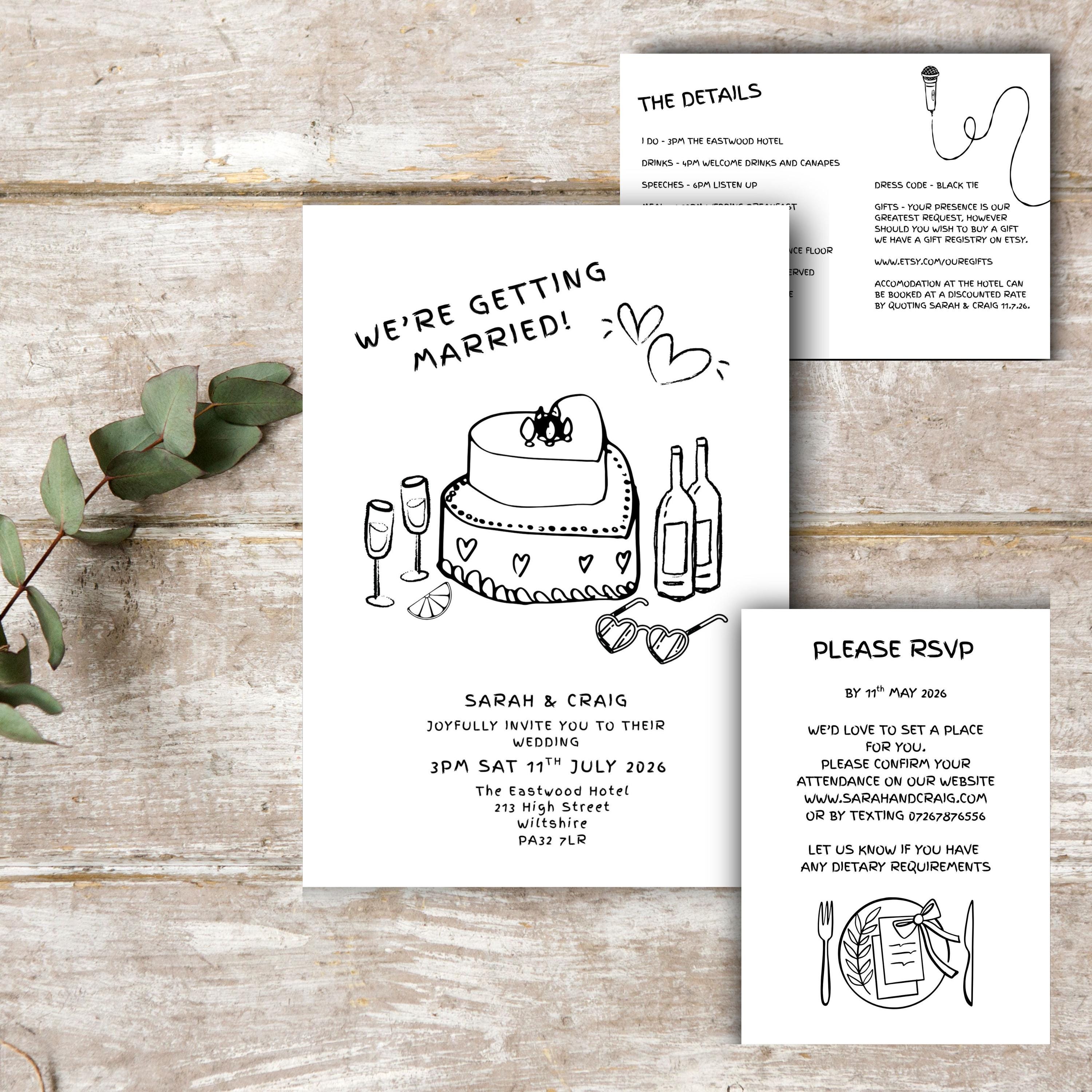Hand Drawn Wedding Invitation Template Doodle Scribble Illustrations ...