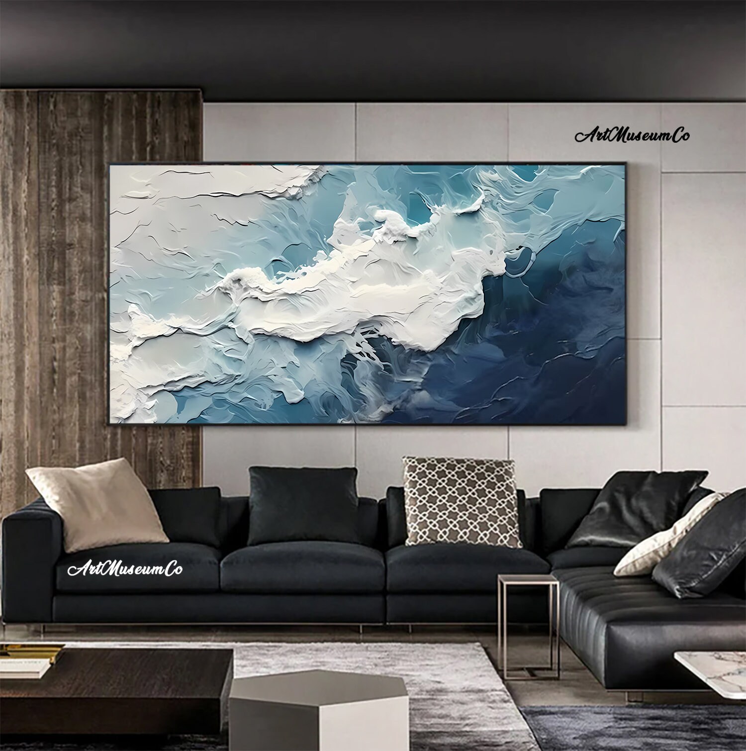 Large 3D Textured Ocean Wall Art Wave Painting Framed Blue Beach Wall ...