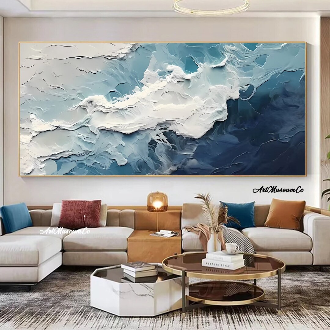 Large 3D Textured Ocean Wall Art Wave Painting Framed Blue Beach Wall ...