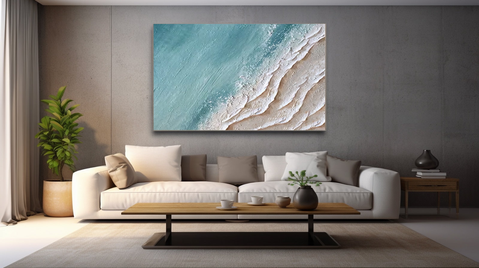 Large 3D Textured Coast Wall Art Wave Painting Framed Blue Beach Wall ...
