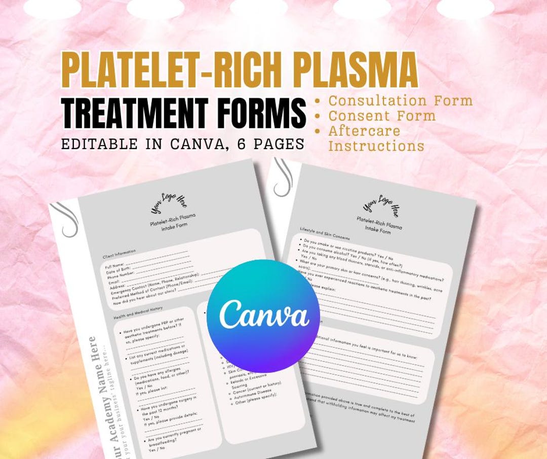 PLATELET-RICH Plasma Intake, Consent and Aftercare Editable Forms PRP ...