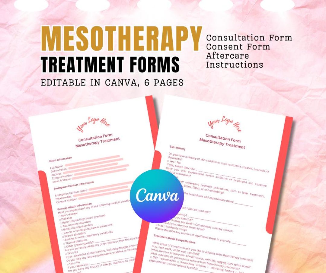 MESOTHERAPY TREATMENT FORMS, Medical Spa Consultation, Consent, Aftercare Editable Form Template ...