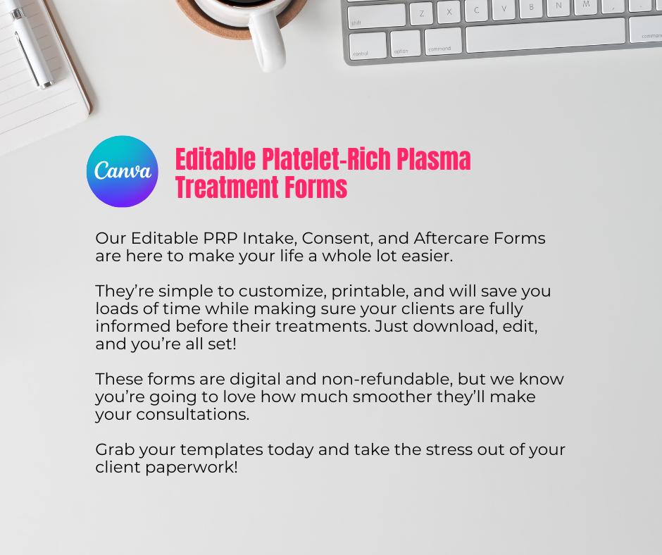 PLATELET-RICH Plasma Intake, Consent and Aftercare Editable Forms PRP ...