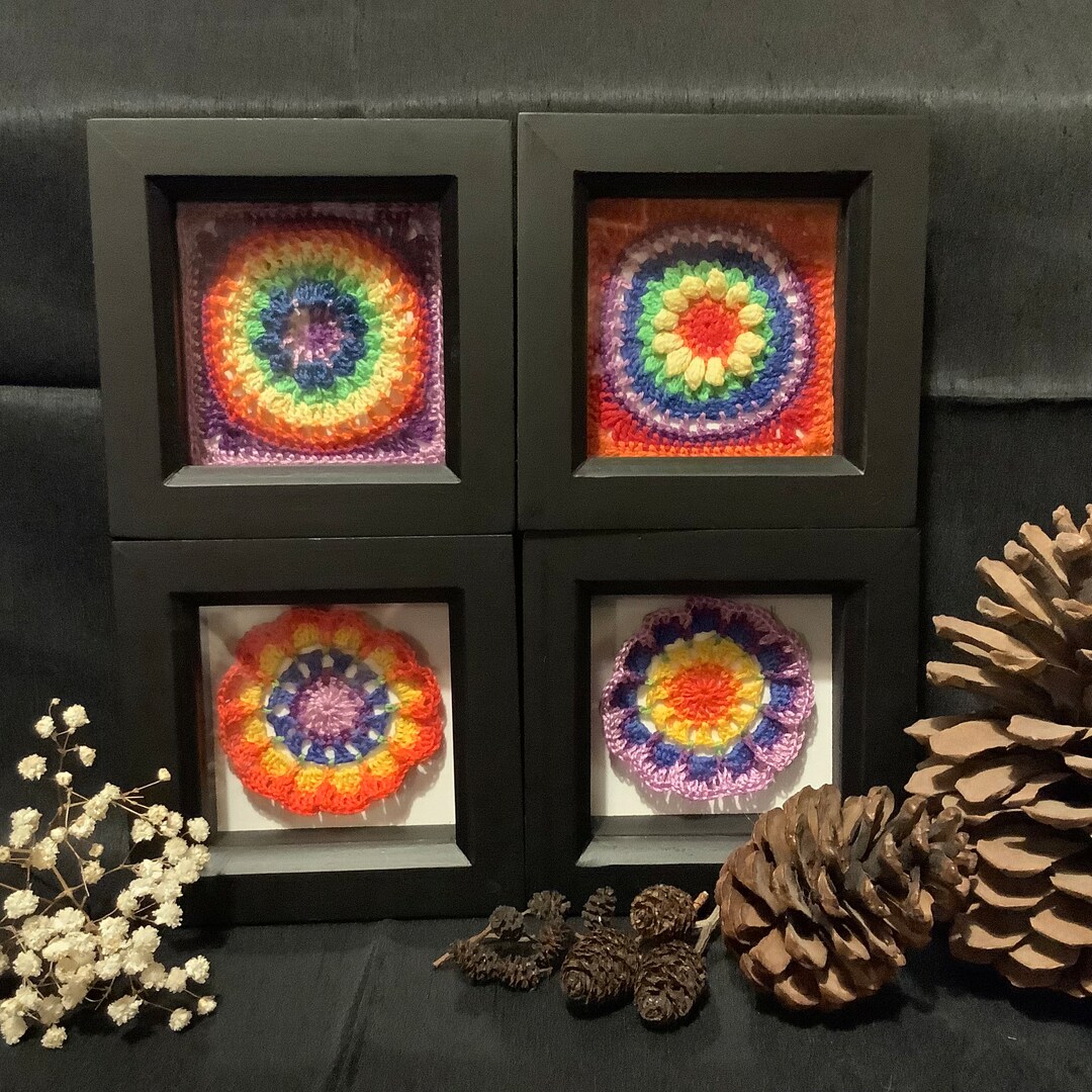 Micro Crochet Bright Rainbow Mandala Picture in Box Frame 11.5 X 11.5 X ...