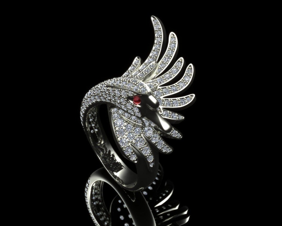 Pave Set Round Cut Diamond Swan Ring, Bird Inspire Ring, Red Eyes Swan ...