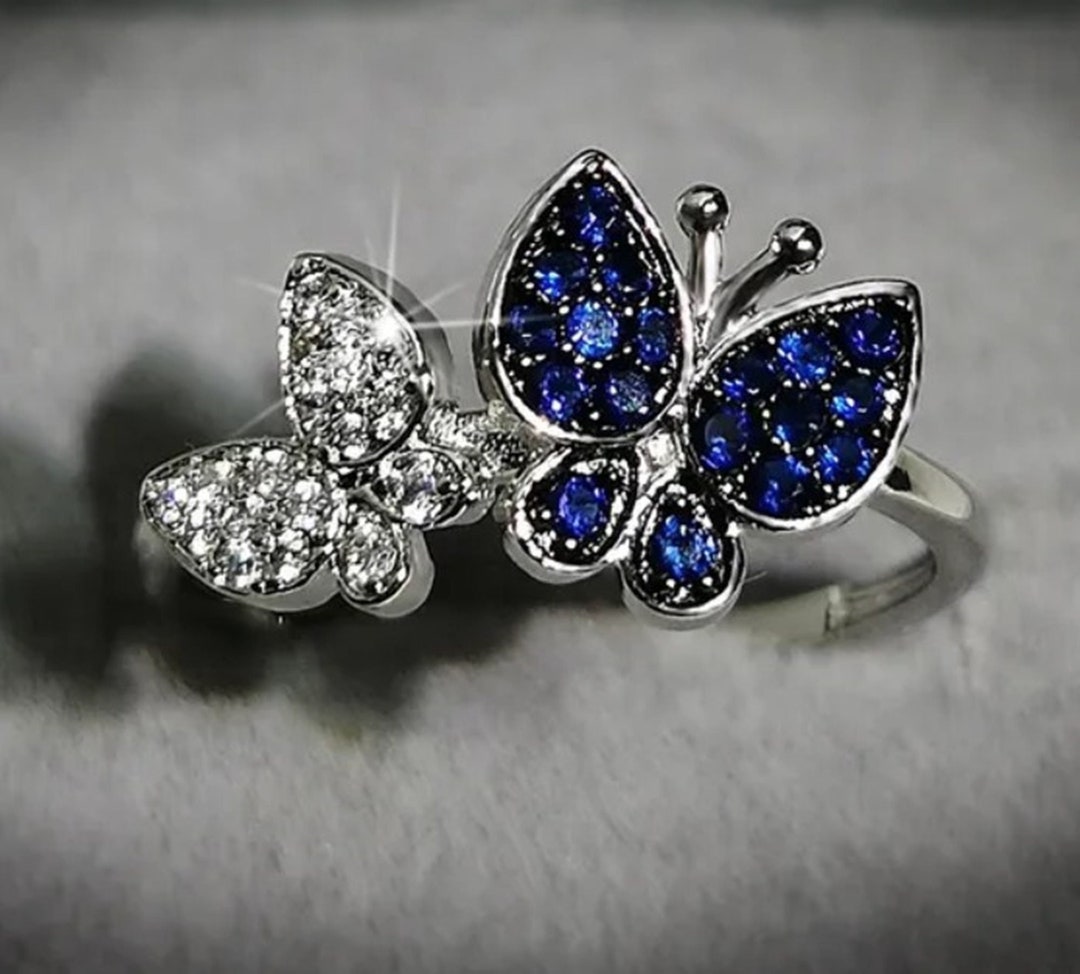 Blue Sapphire Diamond Butterfly Ring, Insect Inspire Ring, Pave Set ...