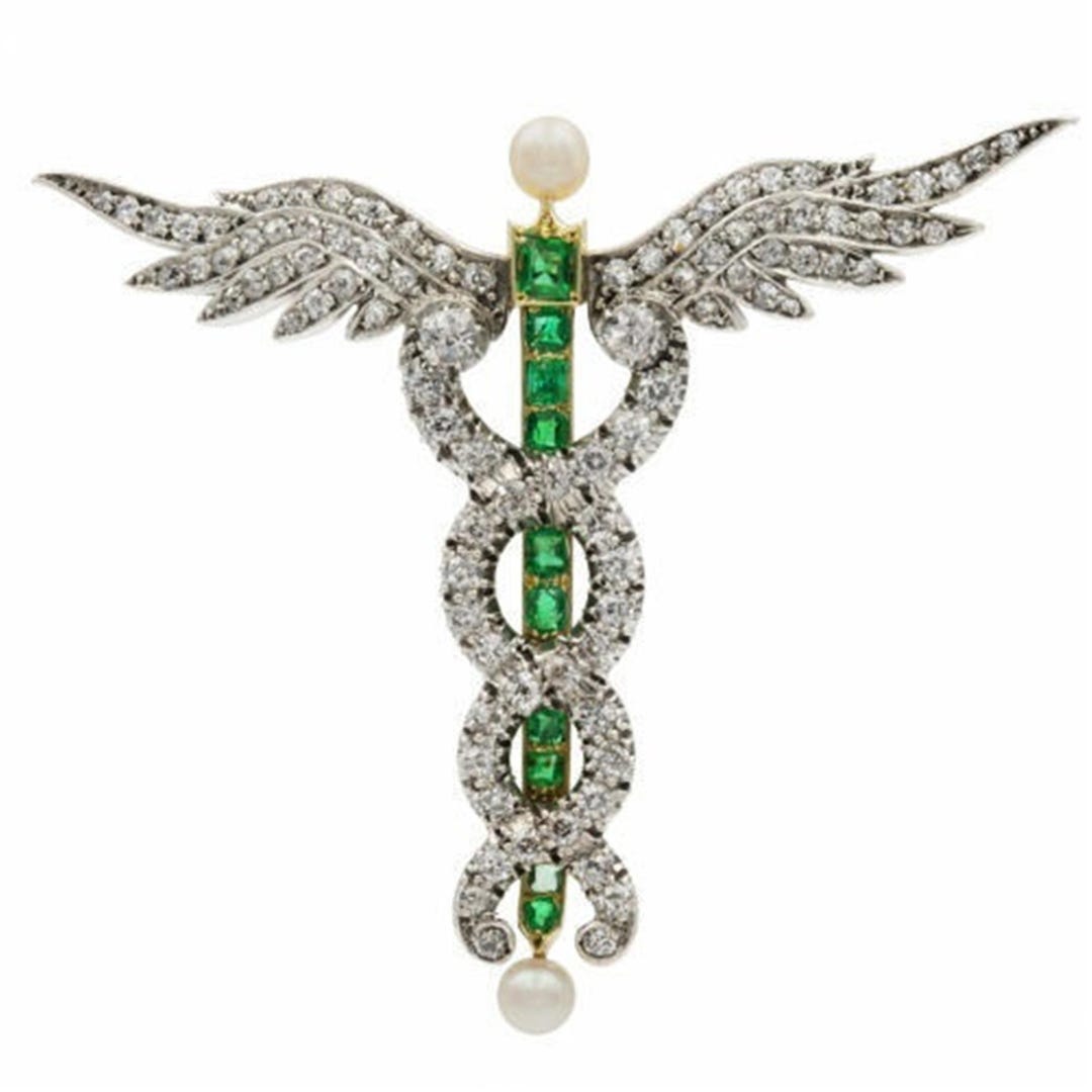 Caduceus Doctor Brooch, Round With Green Princess Cut CZ Stone Brooch ...