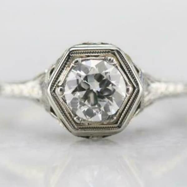 Filigree Vintage Solitaire Wedding Ring, Round Cut Moissanite Diamond ...