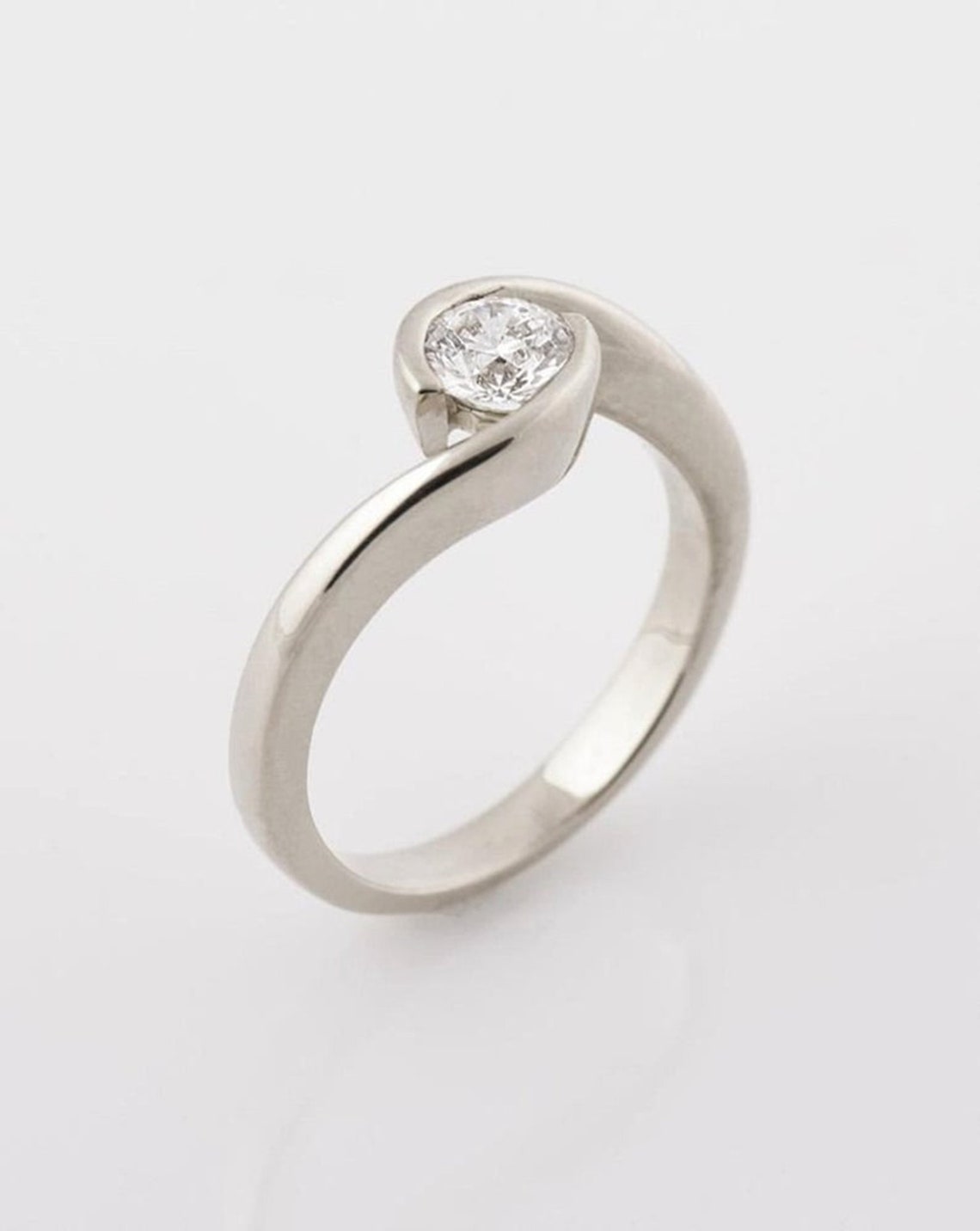 Bypass Style Solitaire Ring, Round Moissanite Diamond Ring, Tension Set ...