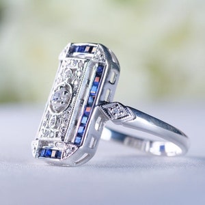 Art Deco Wedding Ring, Blue Princess & Round Cut CZ Stone Ring, Vintage ...