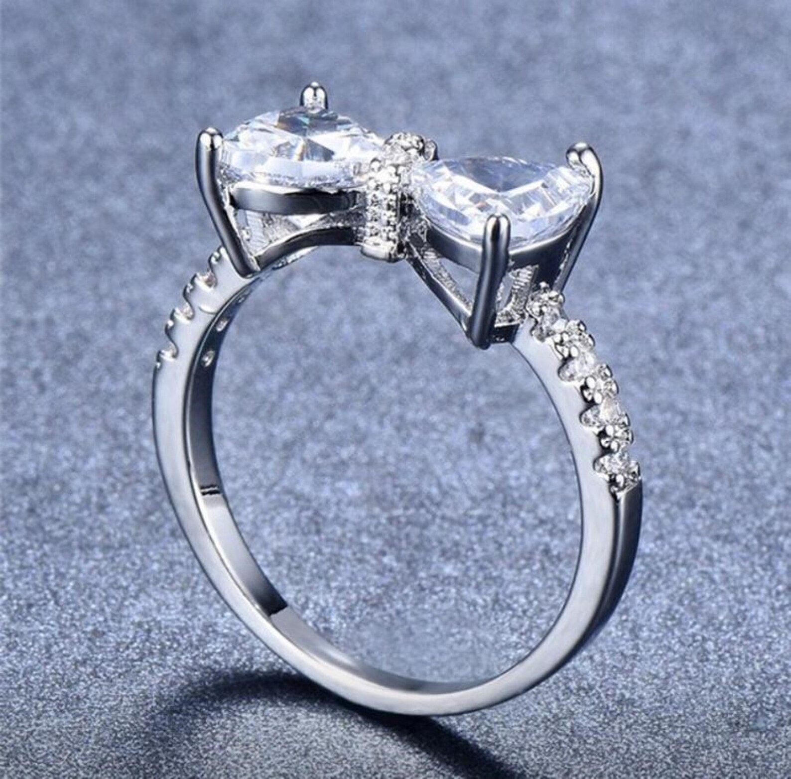 Two Stone Bow Ring, Trillion Cut Moissanite Diamond Wedding Ring, Bow ...