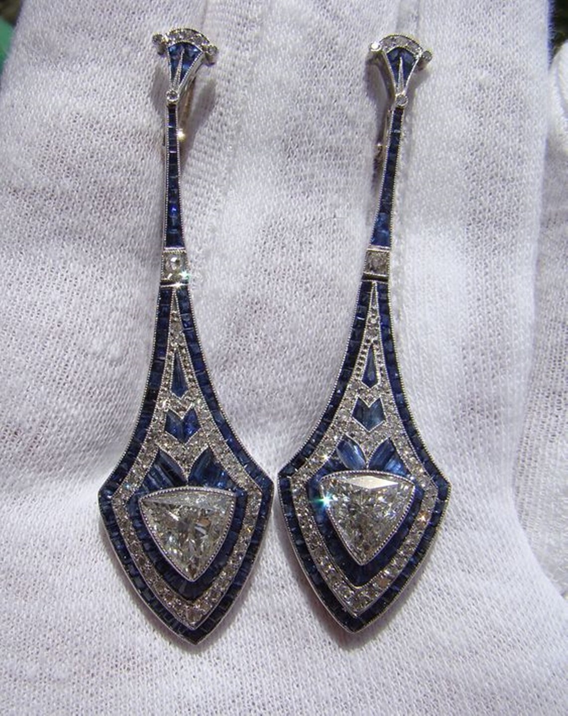 Antique Sapphire Fancy With Trillion Cut CZ Stone Earring, Edwardian ...