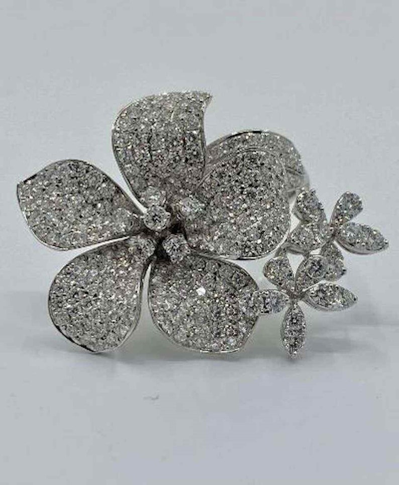 Pave Diamond Flower Ring, Round Moissanite Diamond Floral Inspire Ring ...