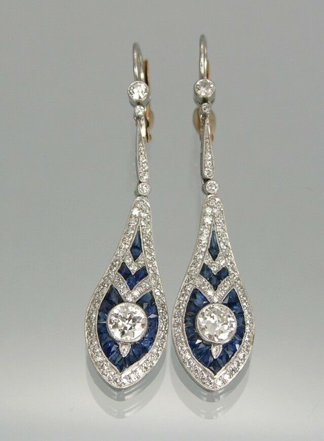 Vintage Sapphire Drop Earring, Old European With Baguette Cut Diamond ...