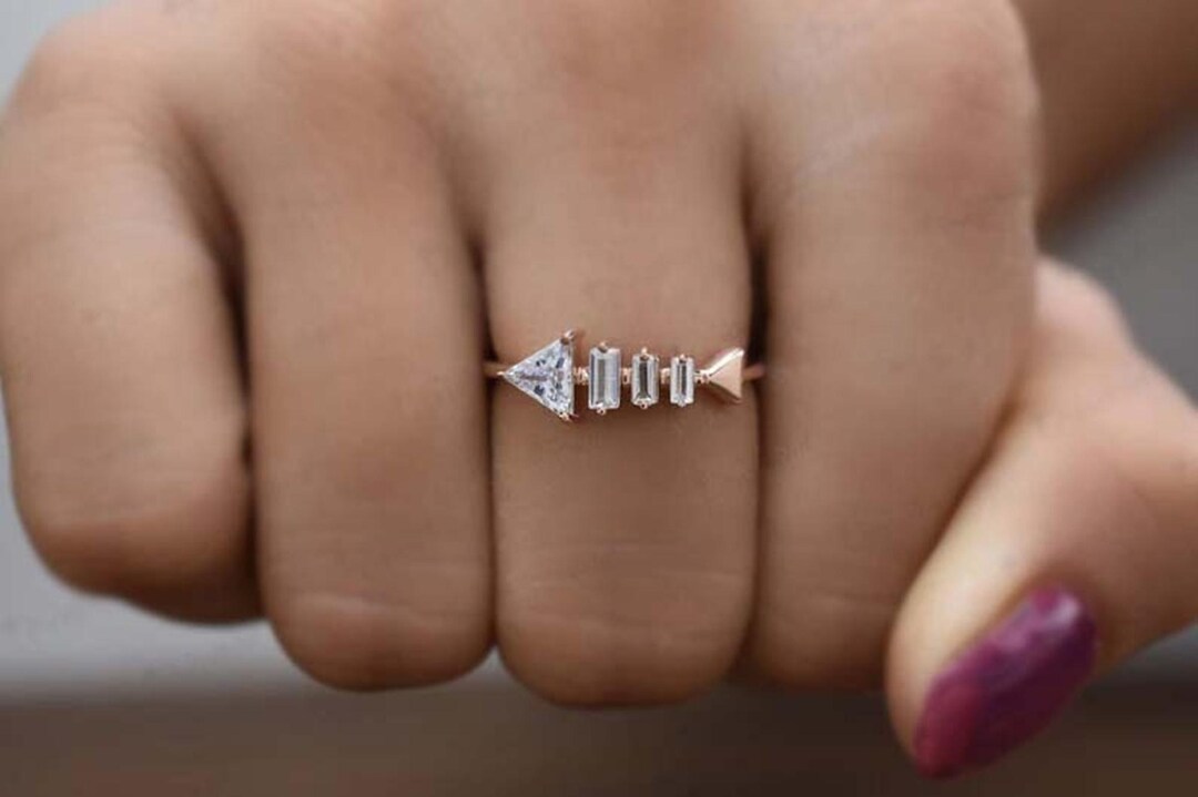 Minimalist Fish Bone Ring, Triangle & Baguette Cut CZ Stone Wedding ...