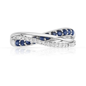 Crossover Shank Ring, Blue Sapphire & White Round CZ Stone Ring, Criss ...