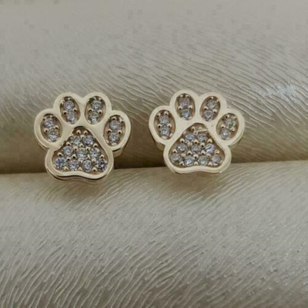 Dog Paw Print Stud Earring, Round Moissanite Diamond Stud Earring, 14K ...