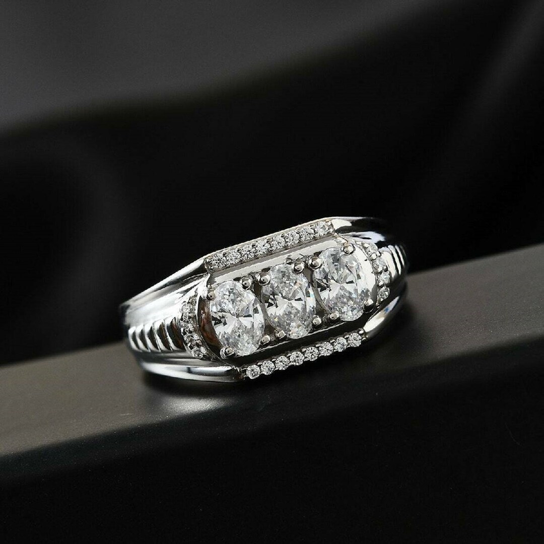 Three Stone Engagement Ring for Men, Oval Cut Moissanite Diamond Men's ...