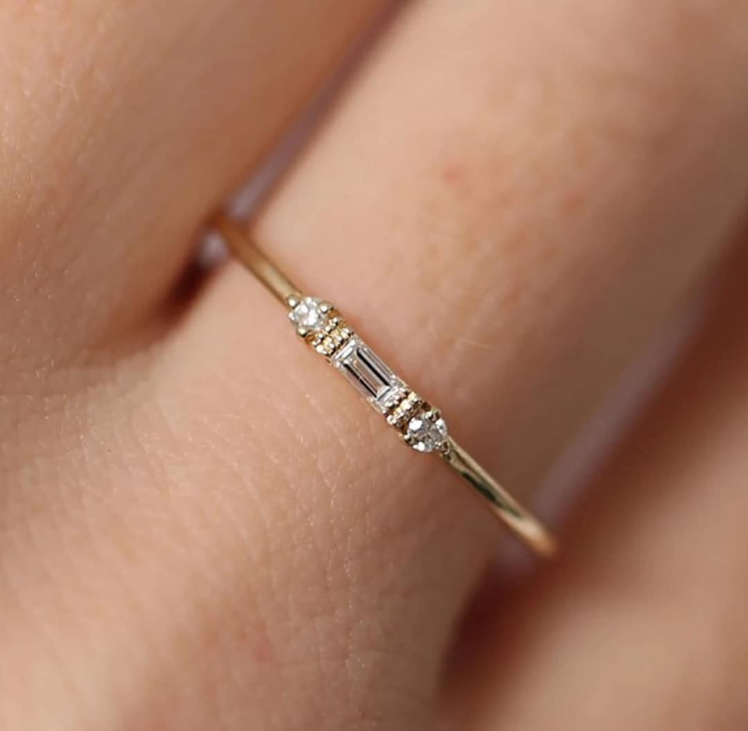 Dainty Diamond Ring, Baguette & Round Moissanite Diamond Minimalist Ring, 14K Yellow Gold Ring ...