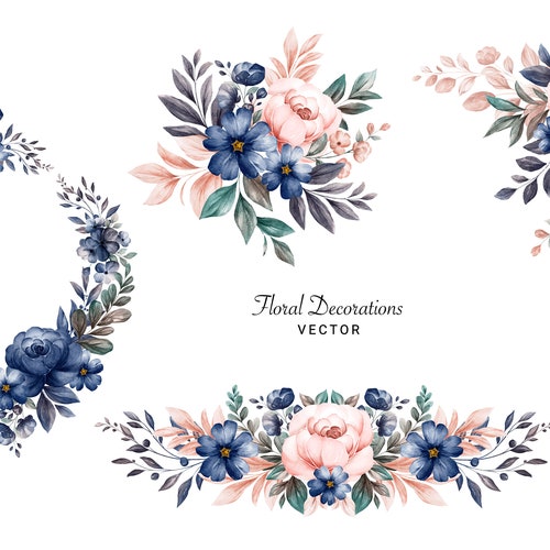 Blushing Navy Watercolor Clipart Set Navy Blue Roses Blush - Etsy UK