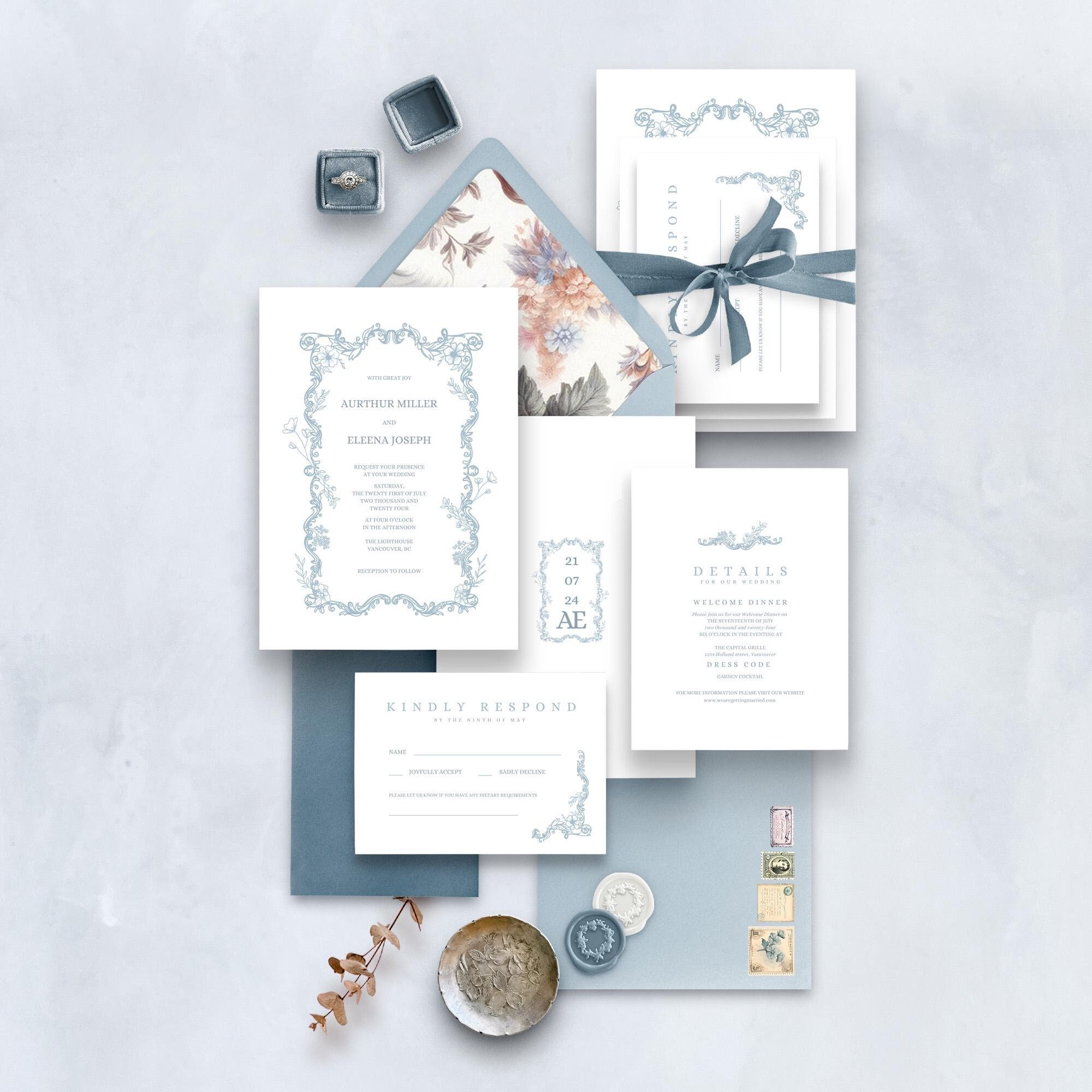 Blue Filigree Wedding Invitation Template Set | Floral Invitation ...