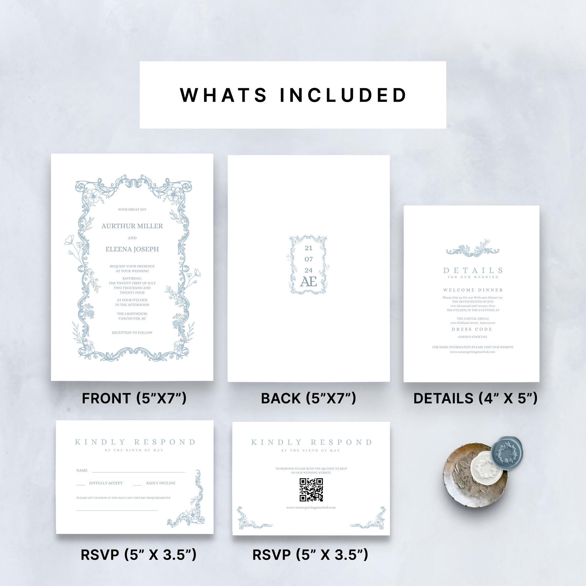 Blue Filigree Wedding Invitation Template Set | Floral Invitation ...