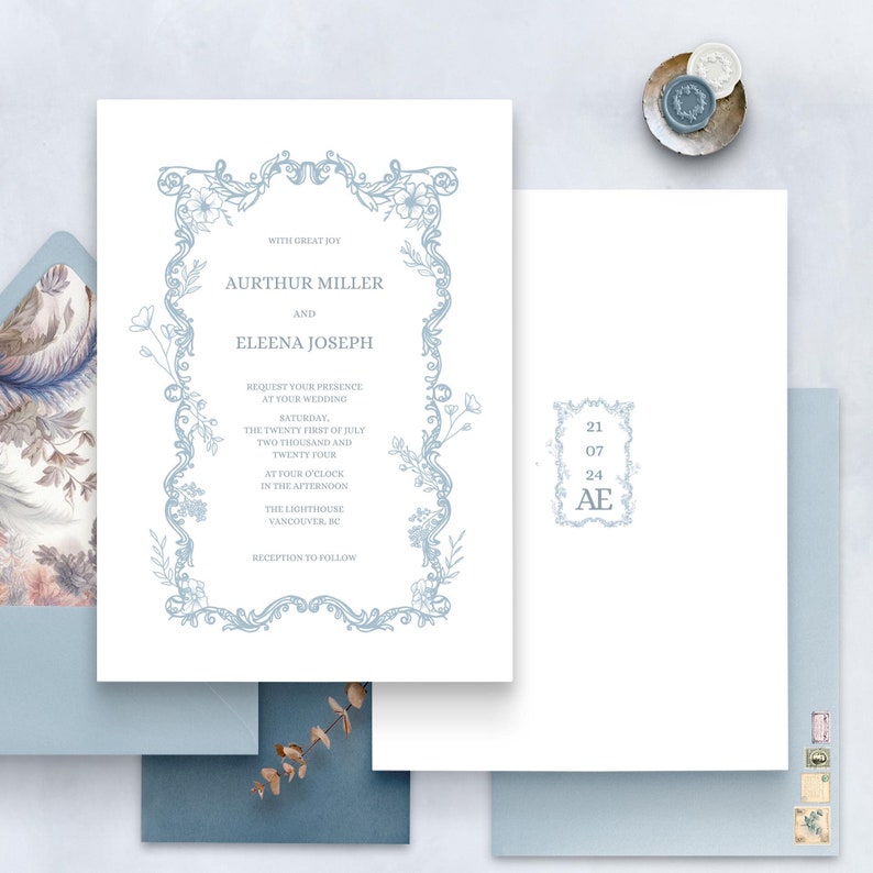 Blue Filigree Wedding Invitation Template Set | Floral Invitation ...