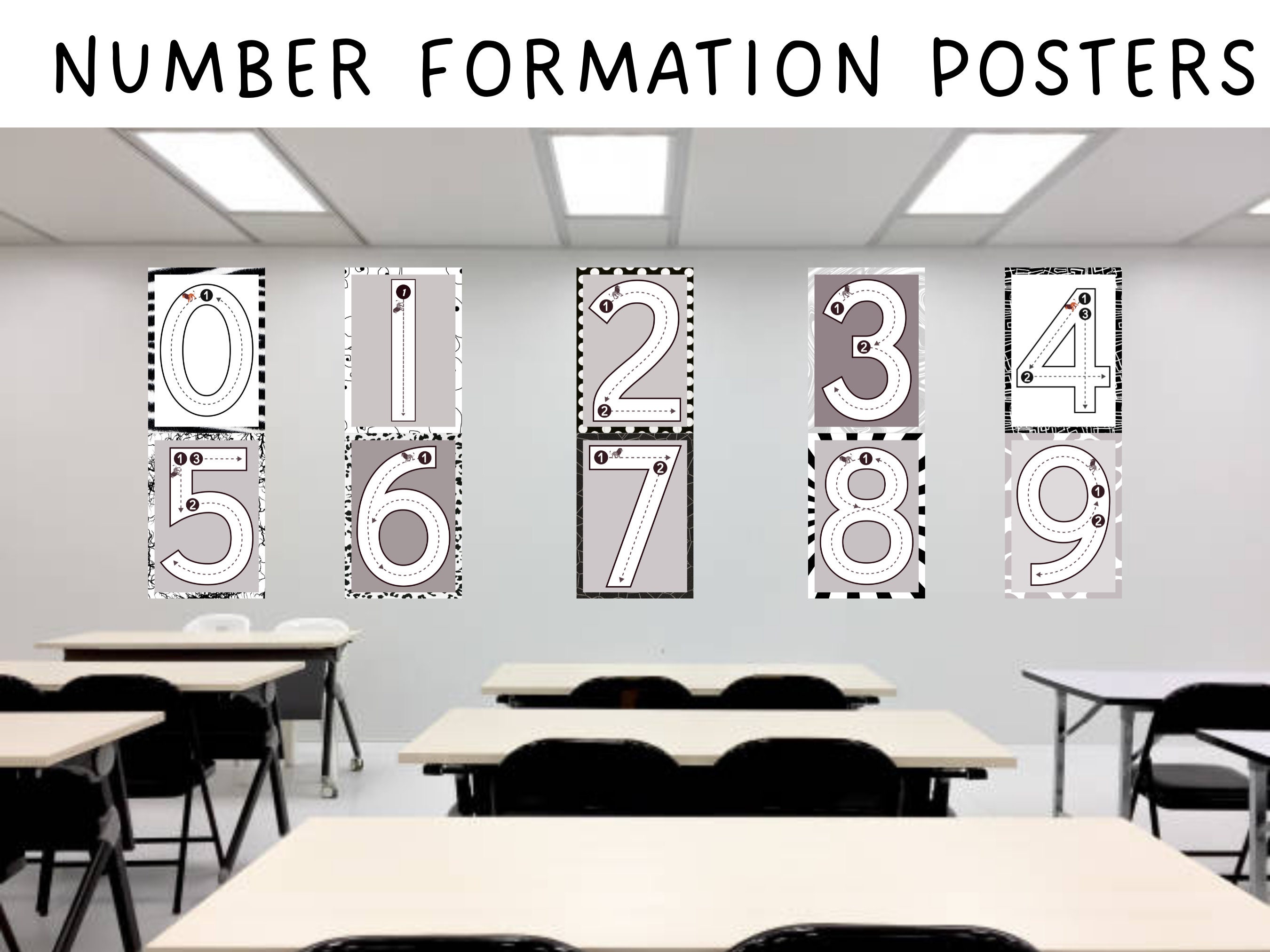 Black and White Themed Number Formation Posters, Teacher Classroom ...