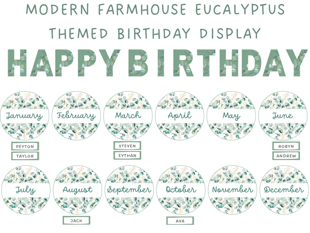 Modern Farmhouse Eucalyptus Themed Classroom Birthday Chart Display ...