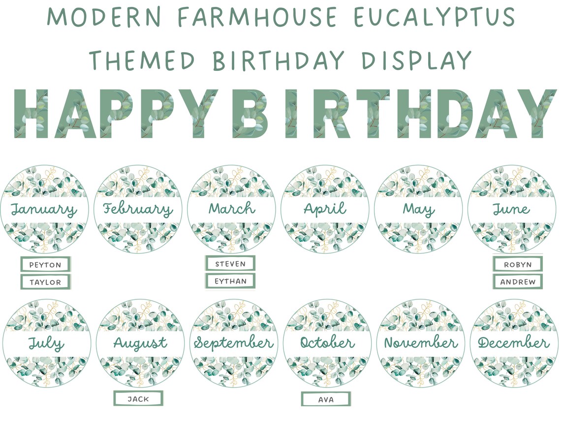 Modern Farmhouse Eucalyptus Themed Classroom Birthday Chart Display ...