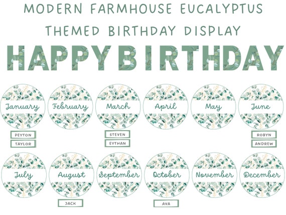 Modern Farmhouse Eucalyptus Themed Classroom Birthday Chart - Etsy
