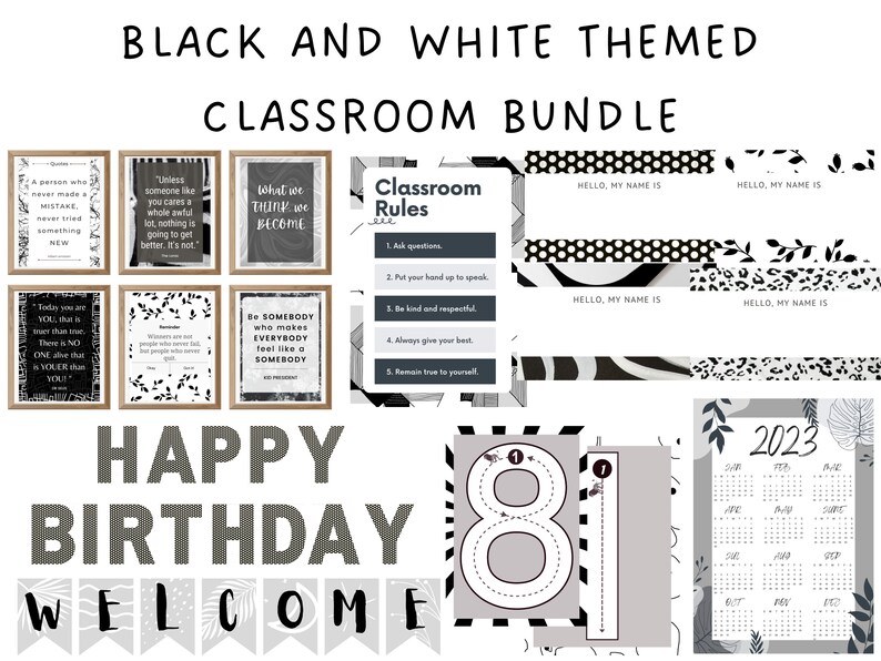 Black and White Themed Classroom Decor Bundle, Welcome Sign Birthday ...