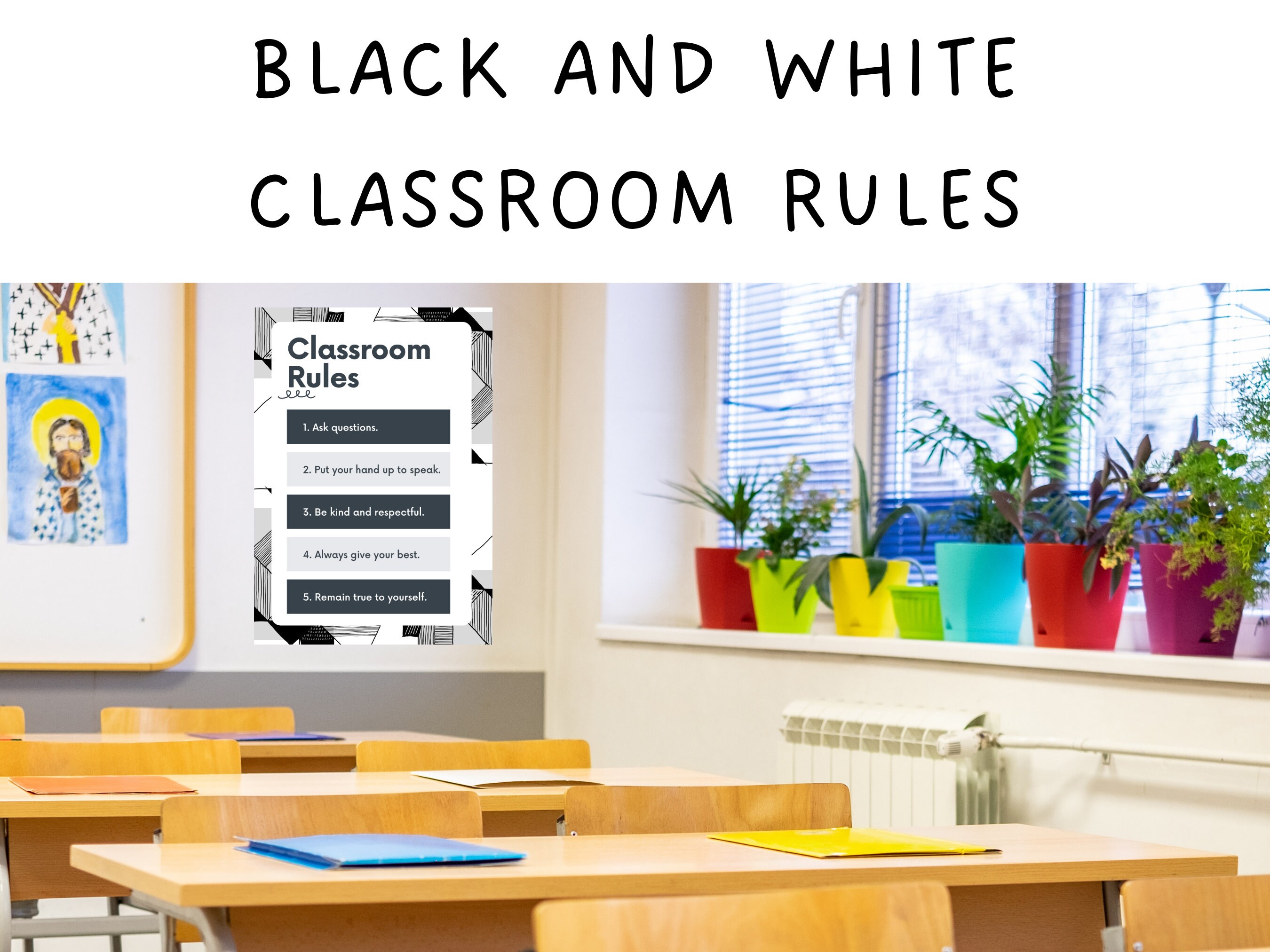 Black and White Themed Classroom Rules Printable Wall Art, Black White ...