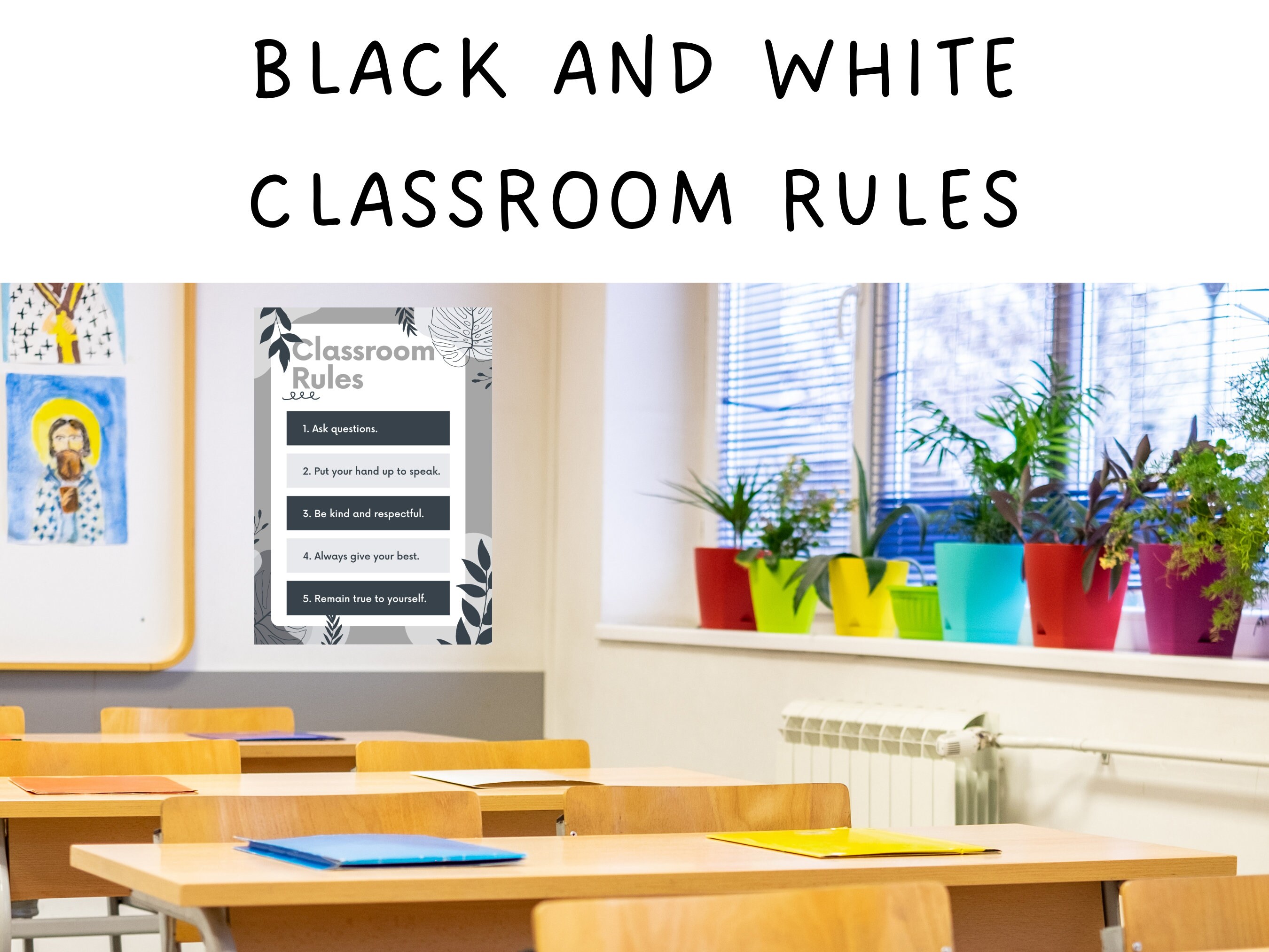 Black and White Themed Classroom Rules Printable Wall Art, Black White ...