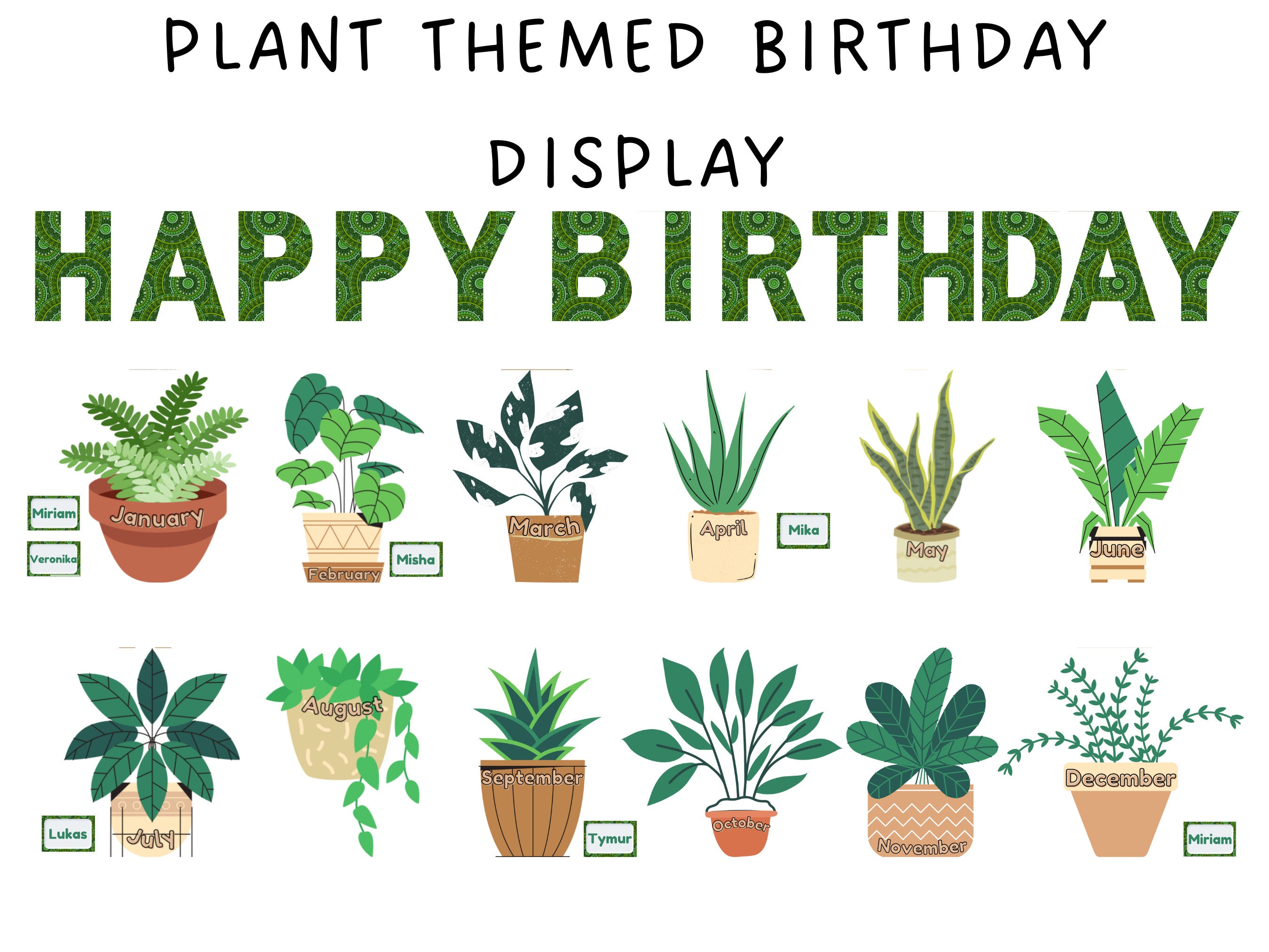 Plant Themed Birthday Display Chart, Editable Happy Birthday Lettering ...