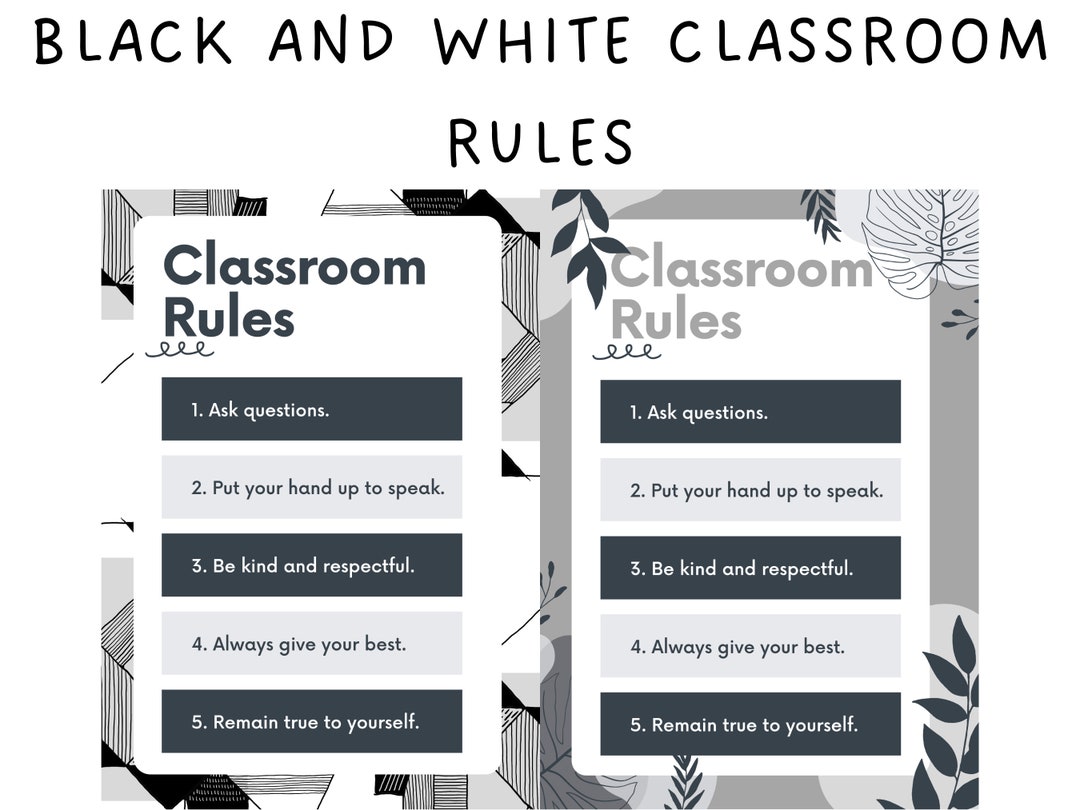 Black and White Themed Classroom Rules Printable Wall Art, Black White ...