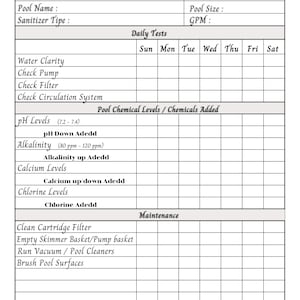 Pool Maintenance, Printable Maintenance Checklist, Record Your Daily ...