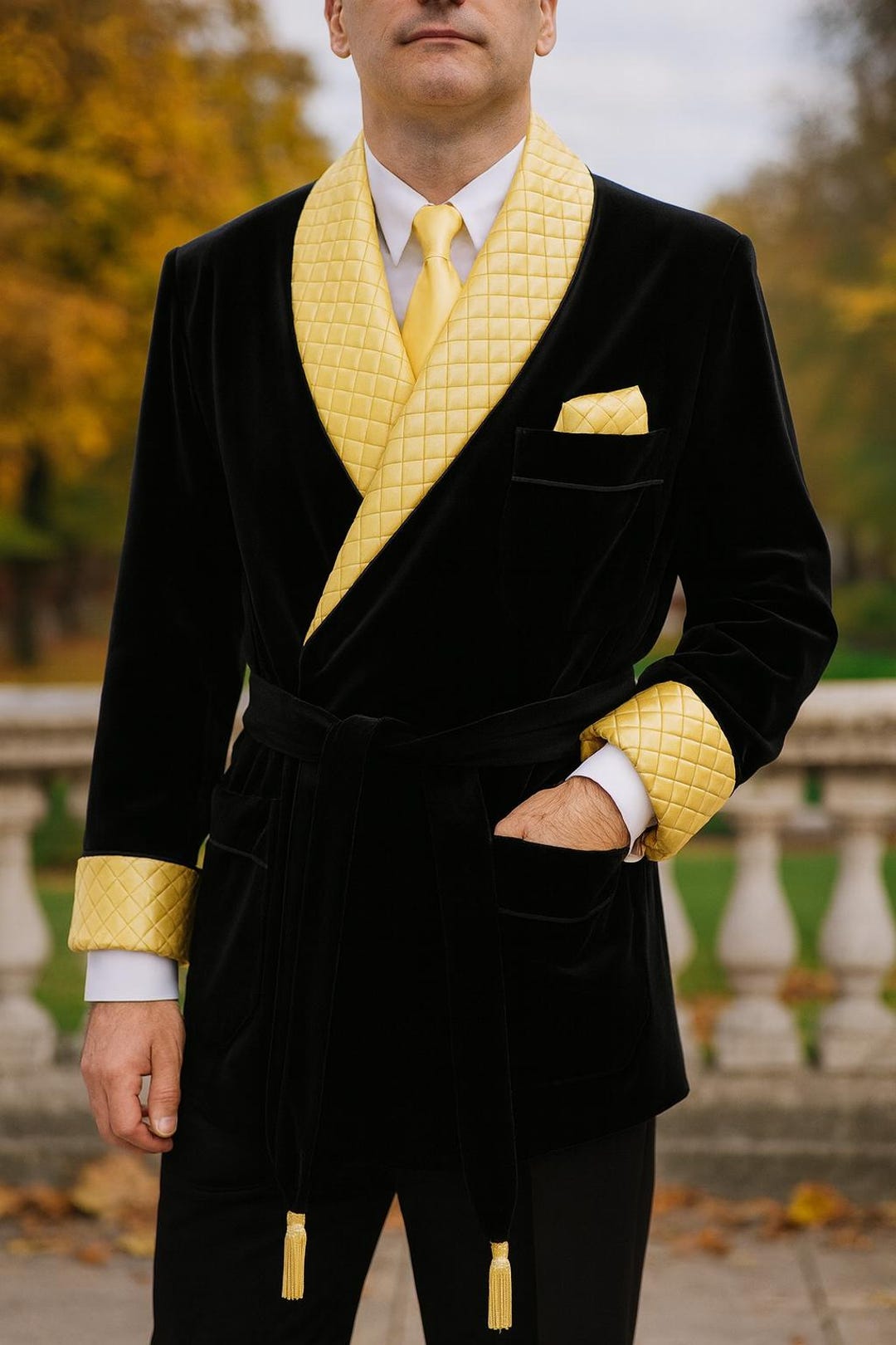 Men Black Dressing Smoking Gown Yellow Satin Embroidery Hip Length ...