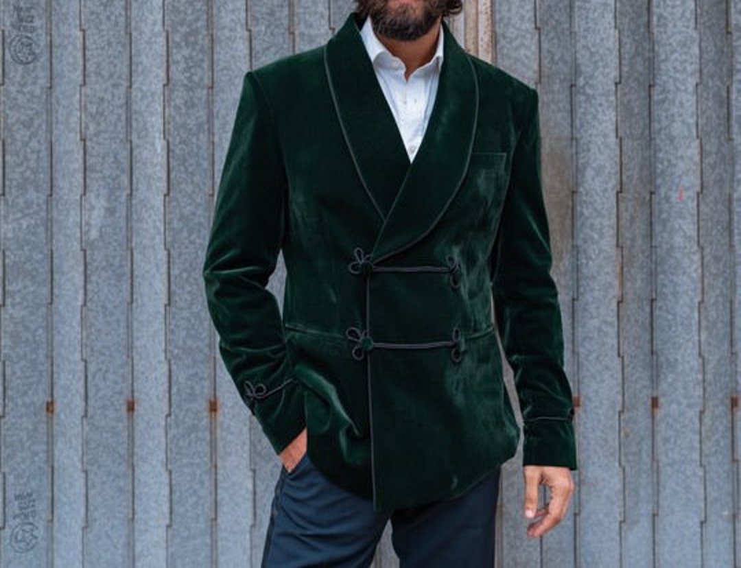 Men Smoking Jackets Green Double Breasted Cigar Gentlemen Luxury Velvet ...