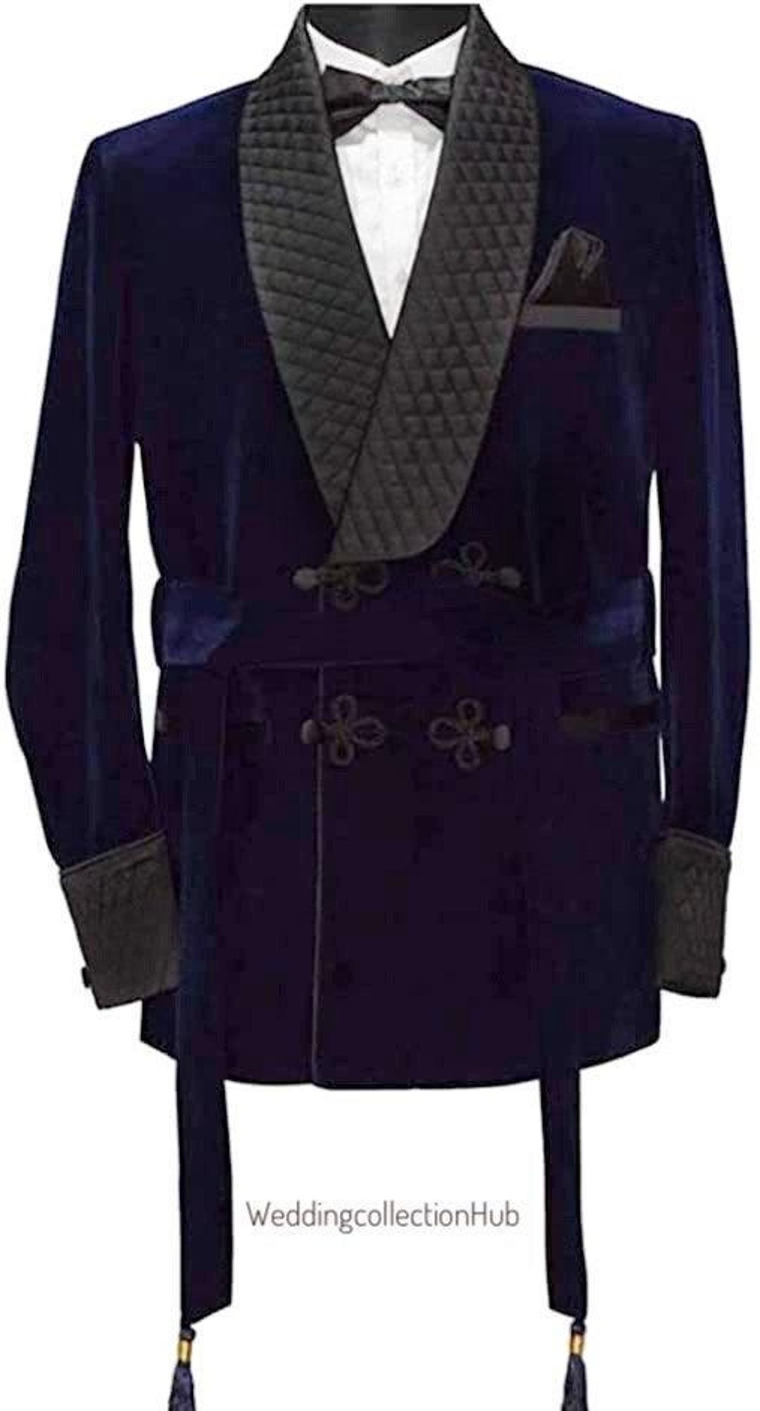 Men's Velvet Smoking Jacket, Quilted Satin Shawl Lapel, Double Breasted ...