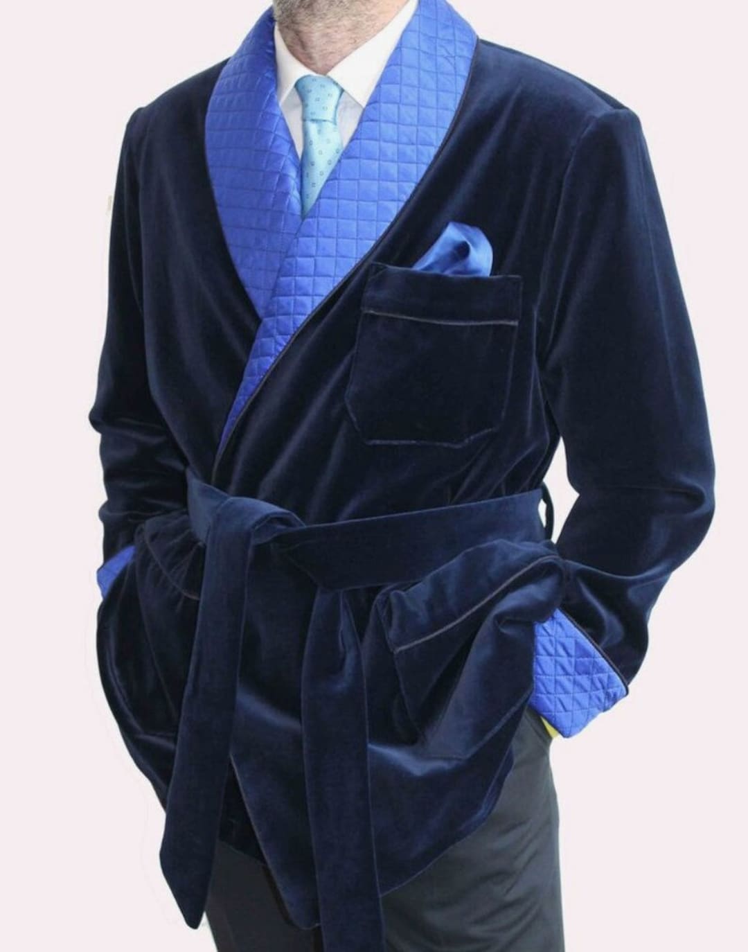 Men Dressing Smoking Jacket Blue Dinner Quilted Robes Men Smoking Cigar ...