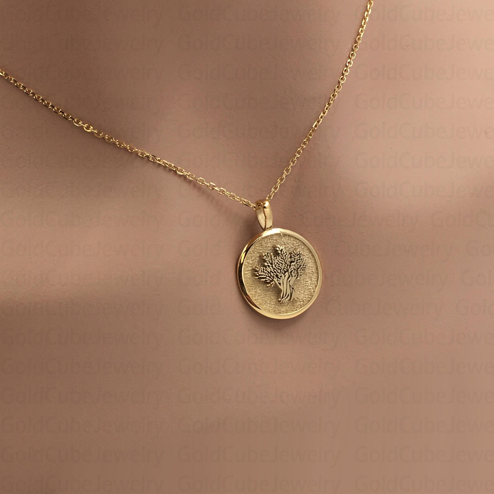 14k Solid Gold Olive Tree Necklace, Personalized Olive Tree Pendant ...