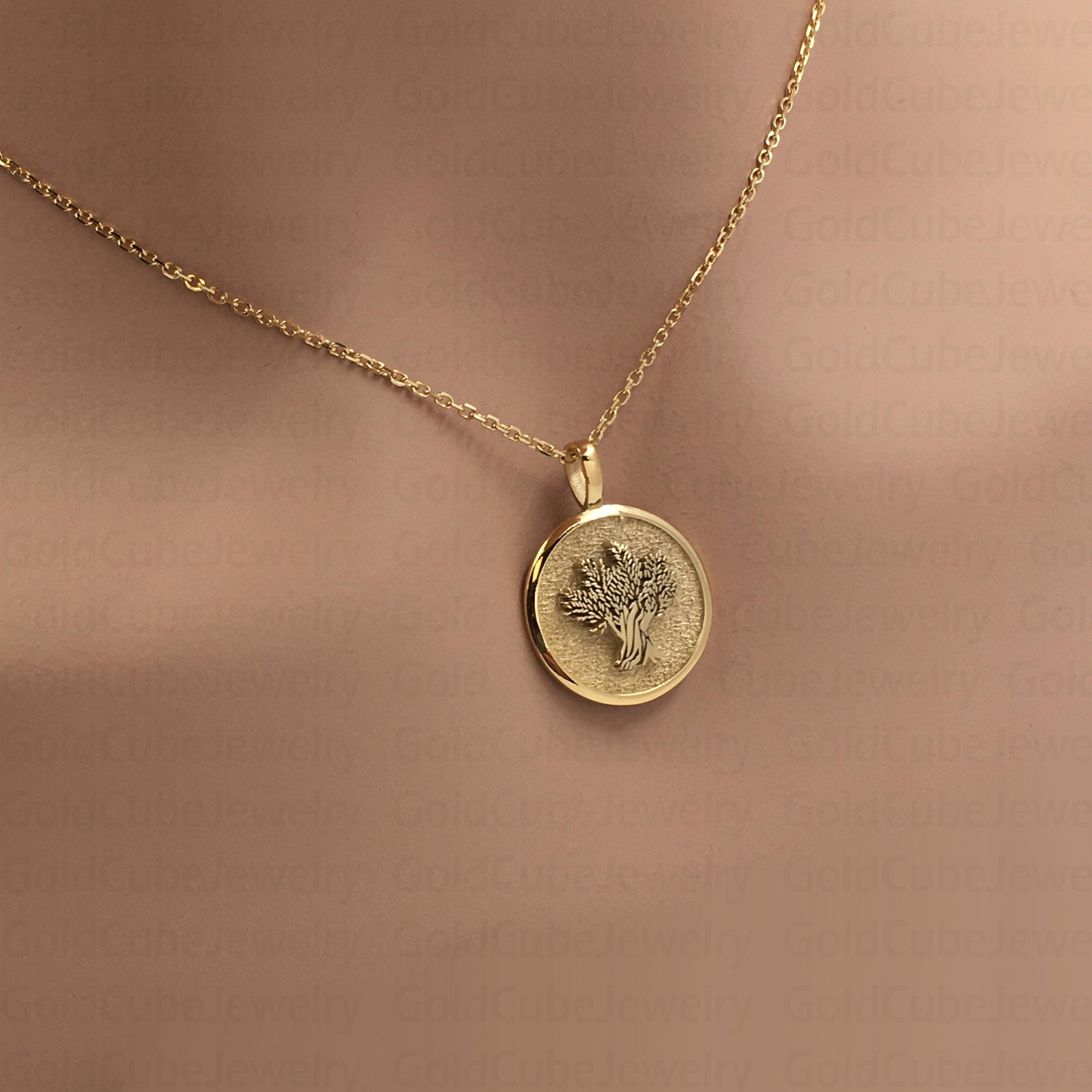 14k Solid Gold Olive Tree Necklace, Personalized Olive Tree Pendant ...