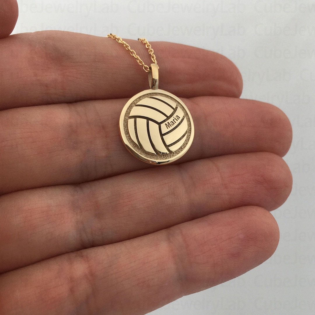 14k Solid Gold Volleyball Necklace, Personalized Volleyball Pendant ...