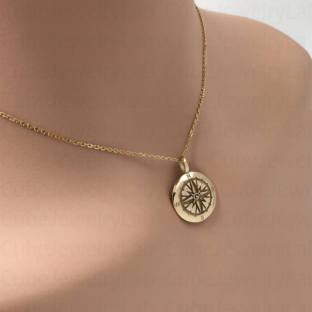 Real 14k Solid Gold Compass Necklace, Personalized Compass Charm Gift ...