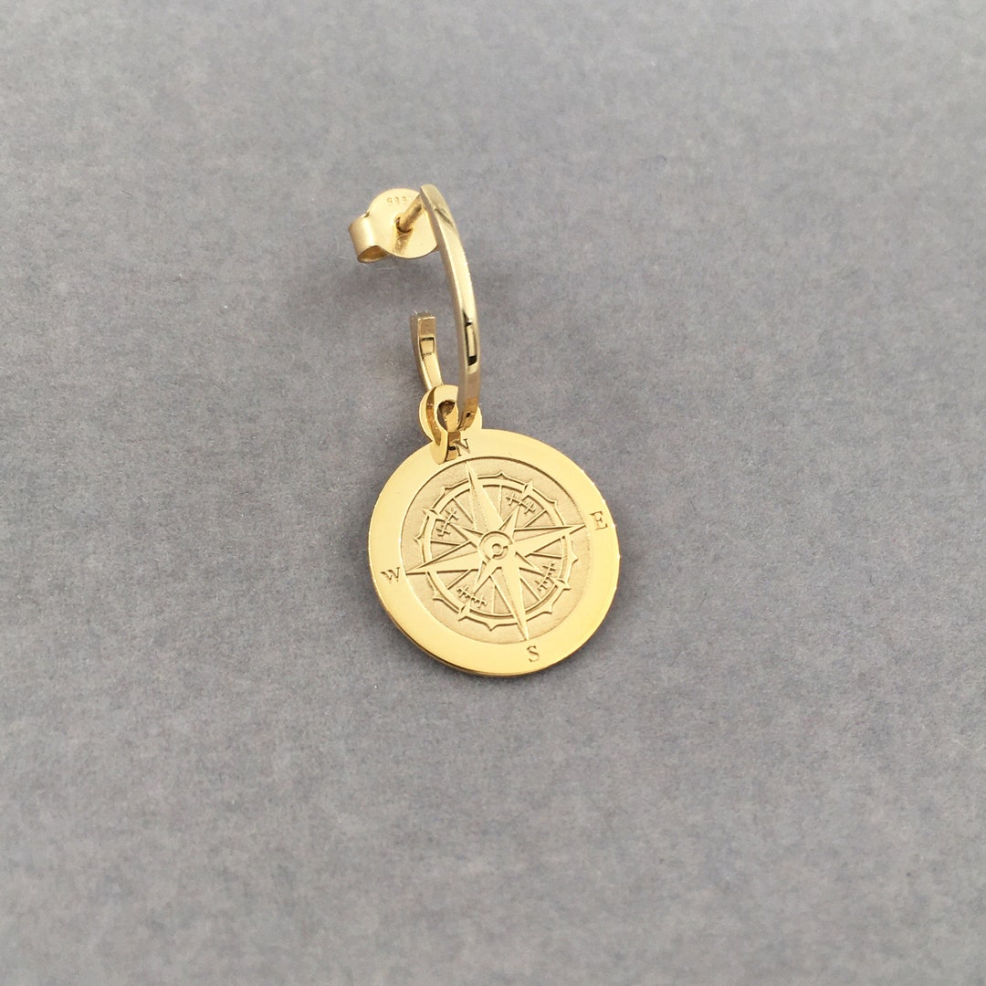 Real 14k Solid Gold Compass Hoop Earring, Personalized Compass, Drop ...