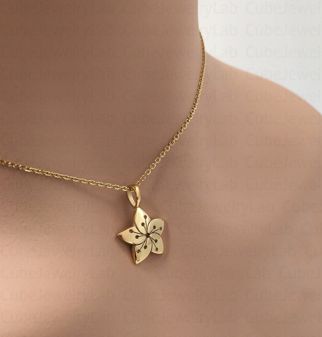 14k Solid Gold Plumeria Flower Necklace, Personalized Plumeria Pendant ...
