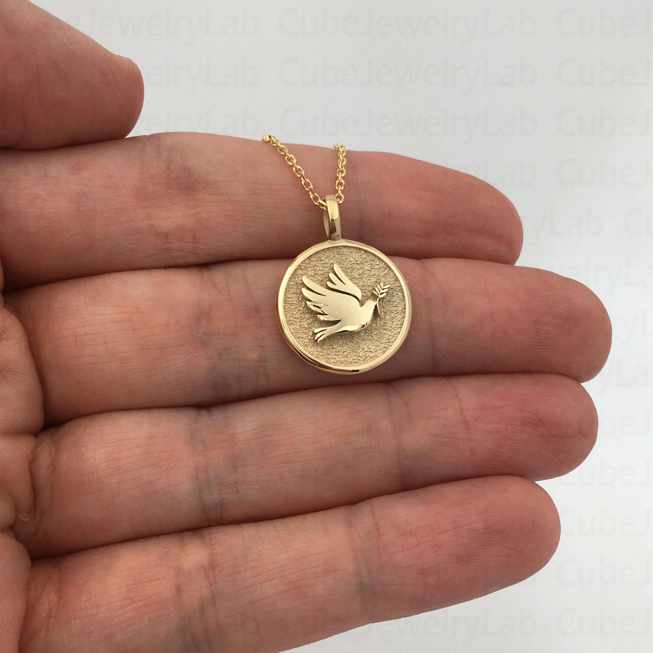 Real 14k Solid Gold Dove Necklace, Personalized Dove Pendant, Dove Disc ...