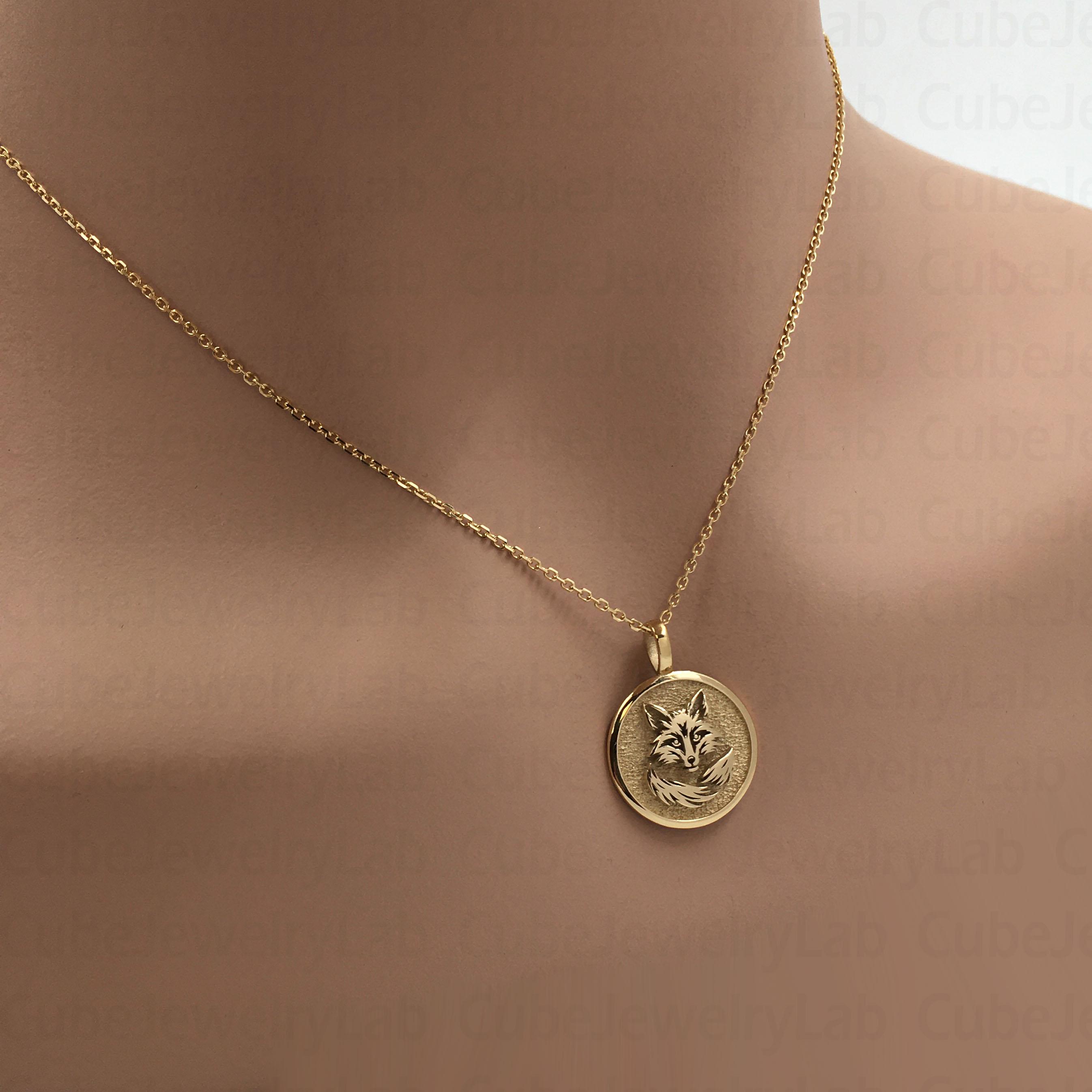14k Solid Gold Fox Necklace, Fox Charm, Fox Pendant, Animal Necklace ...